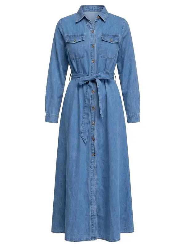 TANTRA SPAIN SL Midi Shirt Dress With Chest Pockets, Flared Skirt, And Belt Light Denim - Blue