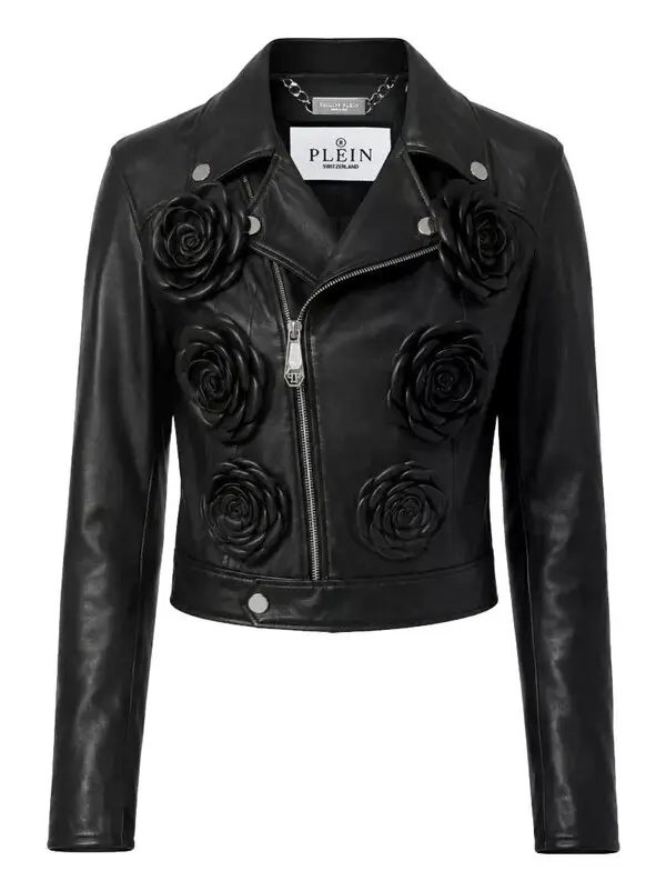 Philipp Plein Cropped Leather Biker Jacket With Floral Embellishments - Black