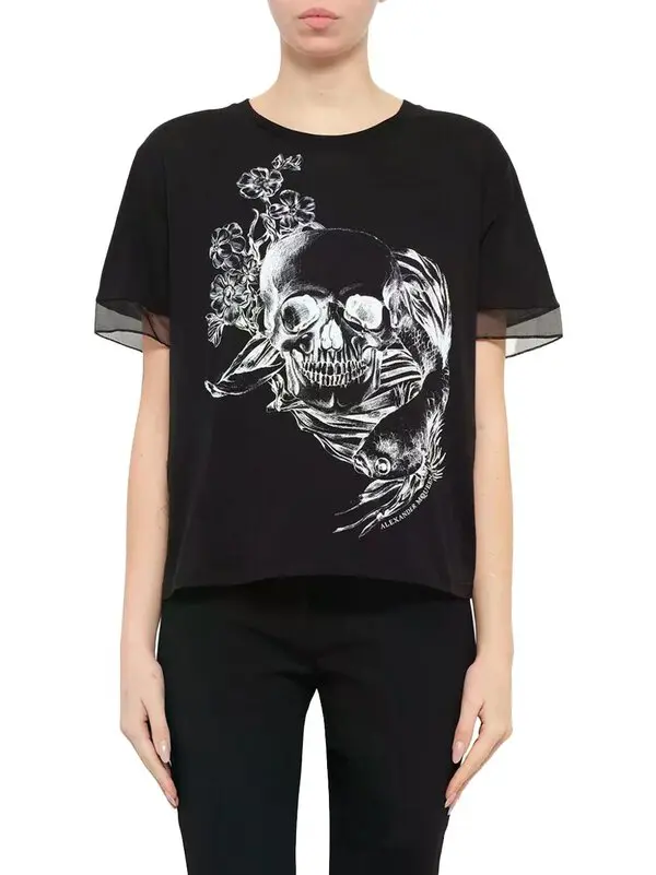 Alexander McQueen Fish Skull-printed Sheer-trim T-shirt - Black