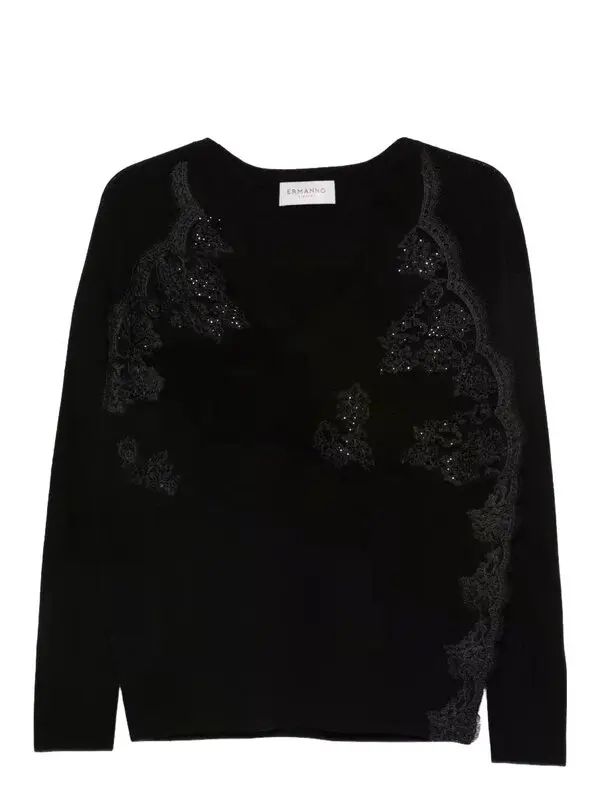 ERMANNO FIRENZE Lace-panelled V-neck Sweater - Black
