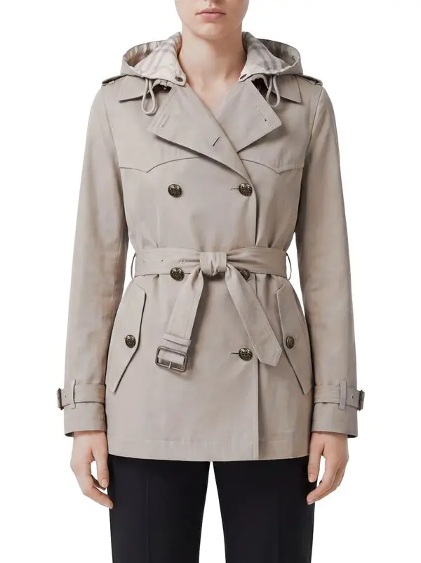 Burberry Foxfield Short Hooded Double-breasted Trench Coat In Cotton - Beige