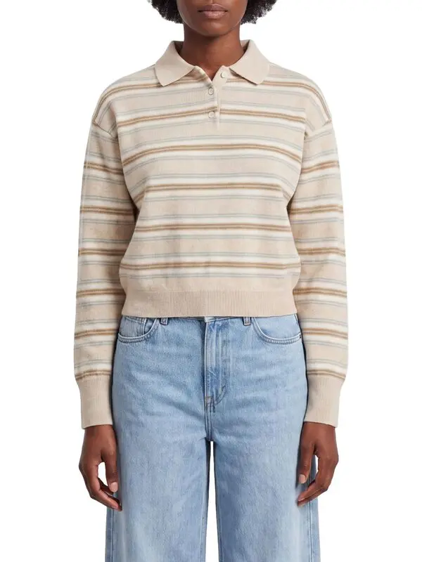 Guest In Residence Striped Cashmere Long-sleeve Slim Fit Polo Sweater - Beige