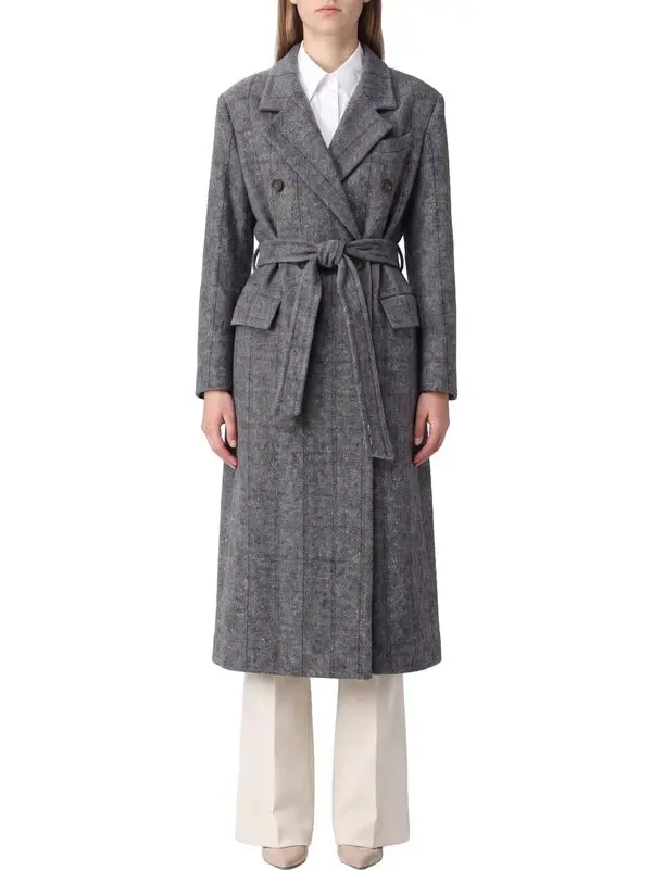Brunello Cucinelli Checked Belted Overcoat - Grey