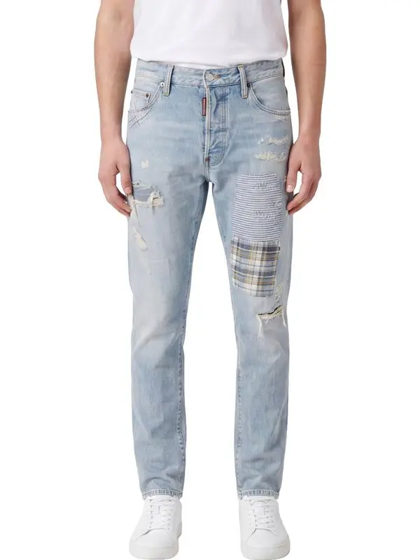 Dsquared2 Teddy Slim Fit Distressed Skinny Jeans In Cotton Denim With Patches - Navy
