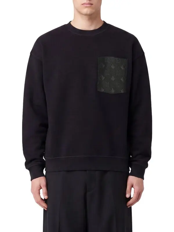 Dsquared2 Relaxed Fit Crewneck Sweatshirt In Cotton With Monogram And Patch Pocket - Black