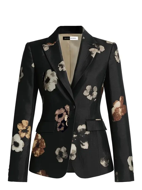 RICHA SHARMA Black / Brown / White Floral Tailored Blazer Statet Jacket With Art Inspired Print - Black/brown/white
