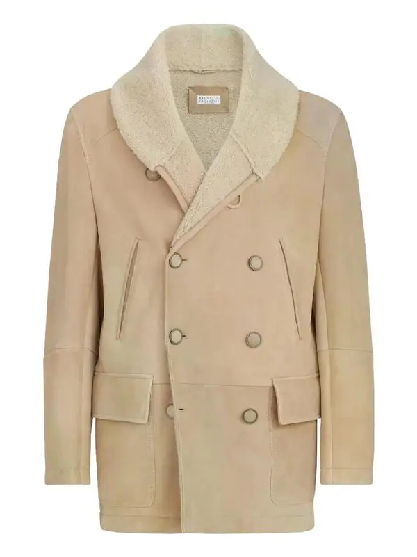 Brunello Cucinelli Suede Curly Shearling Pea Coat With Shawl Collar - Neutrals