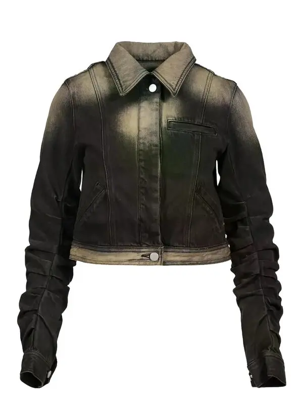 VIVAMUS Bleached Ruched-sleeve Denim Jacket - Black