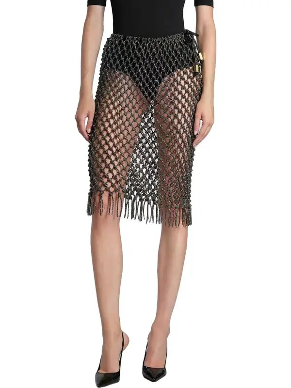 HIBOURAMA Crystal Woven Fringed Midi Skirt - Black