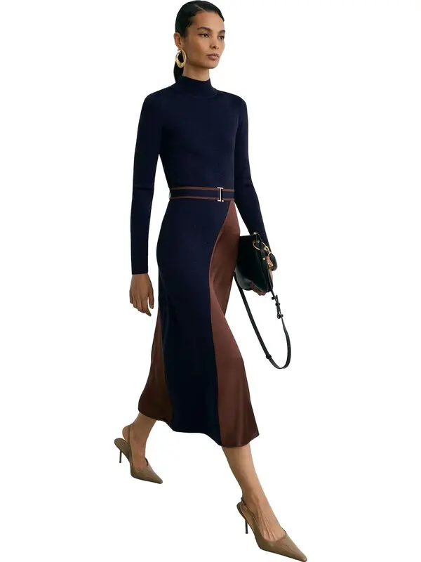 REISS Navy & Camel Knitted Satin-panel Belted Midi Dress - Navy/camel
