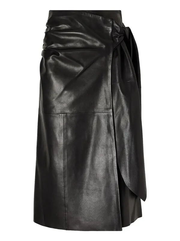 Nour Hammour Viret Knotted Paneled Leather Midi Skirt - Black