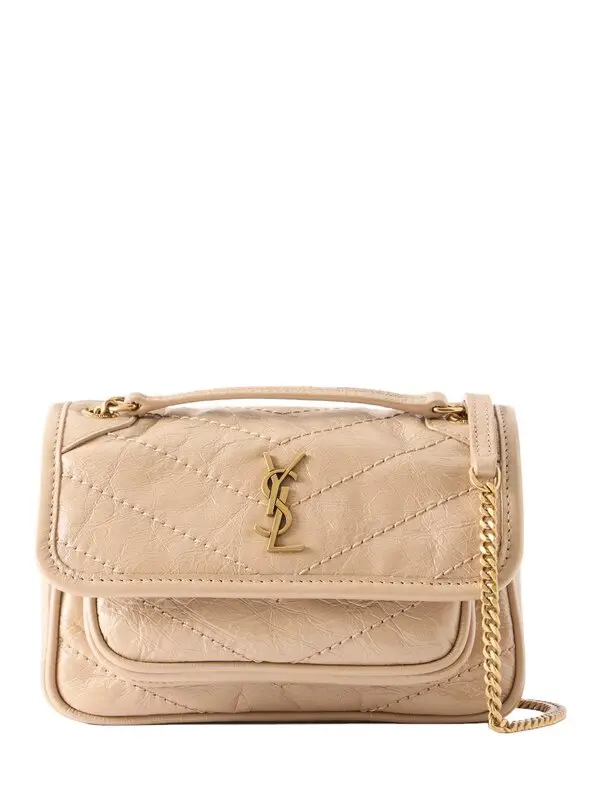 Saint Laurent Niki Mini Cassandre-embellished Crinkled-leather Shoulder Bag - Neutrals