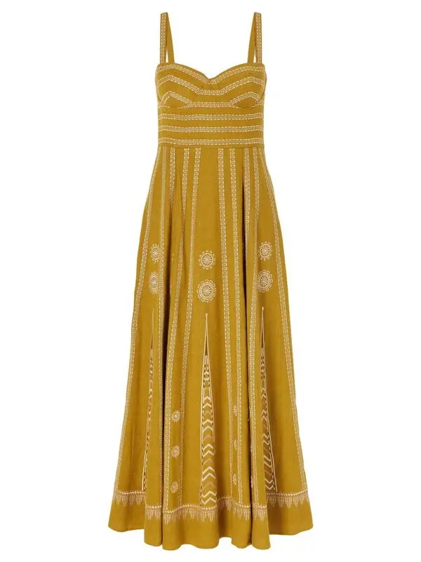 EMPORIO SIRENUSE Elida Pleated Embroidered Linen-cotton Maxi Dress - Yellow
