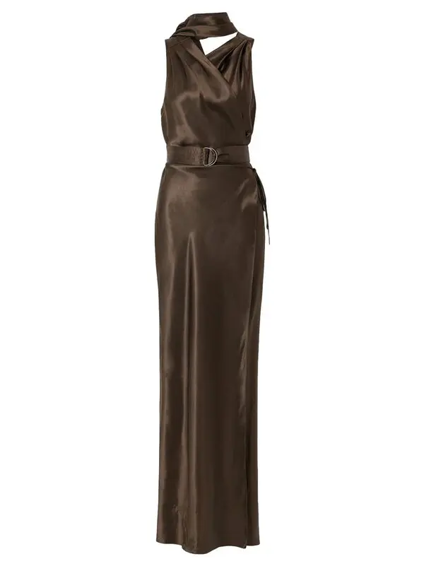 Ralph Lauren Rynn Belted Silk-duchesse Halterneck Gown - Brown