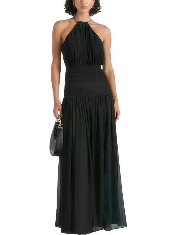 Manière De Voir Fabienne In Metallic Ruched Halterneck Maxi Dress - Black