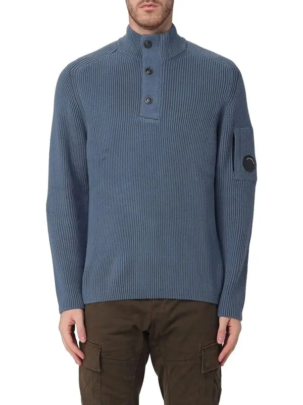 C.P. COMPANY Slim Fit Mock Neck Sweater In Cotton Blend With Buttons - Blue