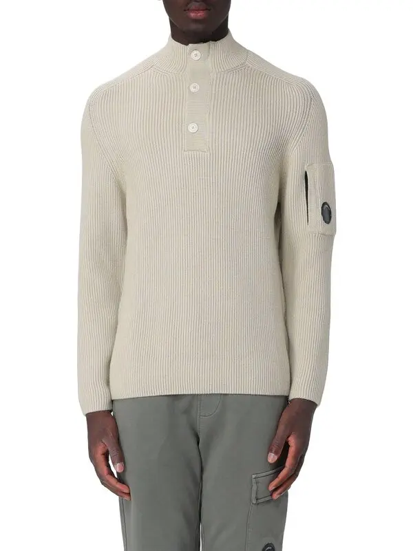 C.P. COMPANY Slim Fit Mock Neck Sweater In Cotton Blend With Buttons - Silver