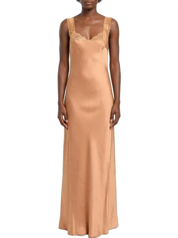 FORTE_FORTE Long Satin Slip Dress With Lace Inserts - Beige