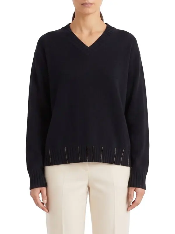 Fabiana Filippi Wool Silk Cashmere V-neck Sweater With Jewel Detail - Black