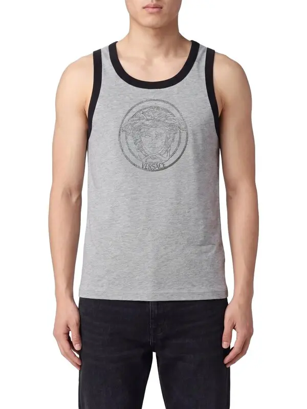 Versace Embroidered Medusa Logo And Rhinestone Cotton Tank Top - Grey
