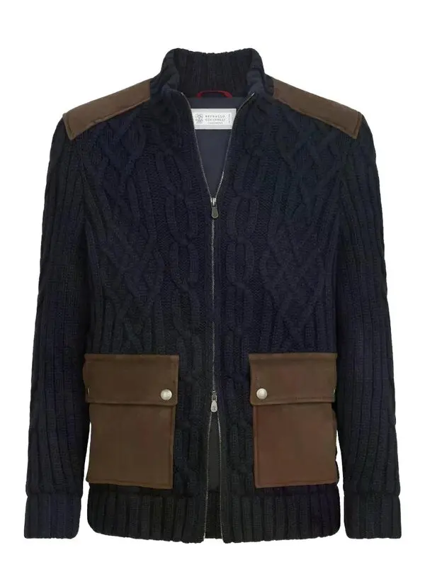 Brunello Cucinelli Cable Knit Cardigan In Cashmere Feather Yarn With Suede Inserts And Zipper - Blue