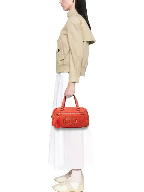Loewe Nubuk Leather Anagram Madrid Fringe Handbag - Red