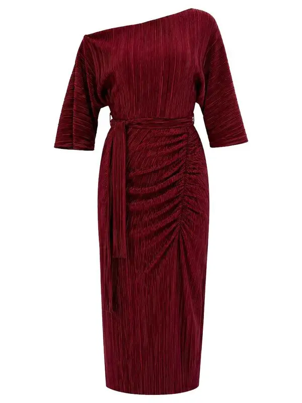 GIRL IN MIND Vendy Off The Shoulder Ruched Detail Midi Dress Berry - Red