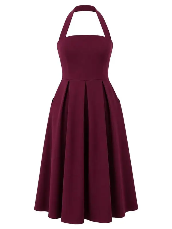 GIRL IN MIND Briar Halterneck Pleated Skirt Midi Dress Plum - Red