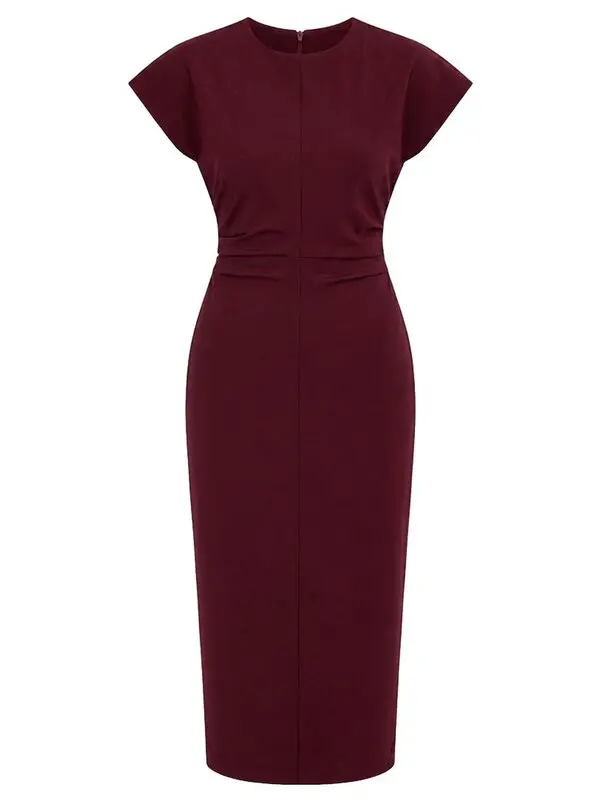 GIRL IN MIND Terri Ruched Waist Short Sleeve Burgundy Midi Dress - Red