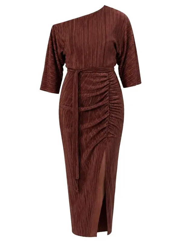 GIRL IN MIND Vendy Off The Shoulder Ruched Detail Midi Dress - Brown