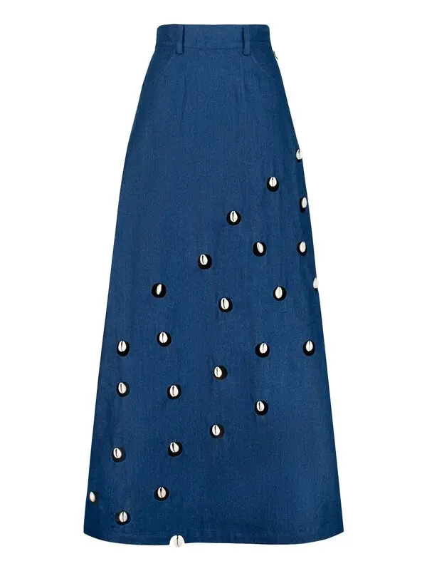 ÚCHÈ Cowrie Detail Denim Maxi Skirt - Blue
