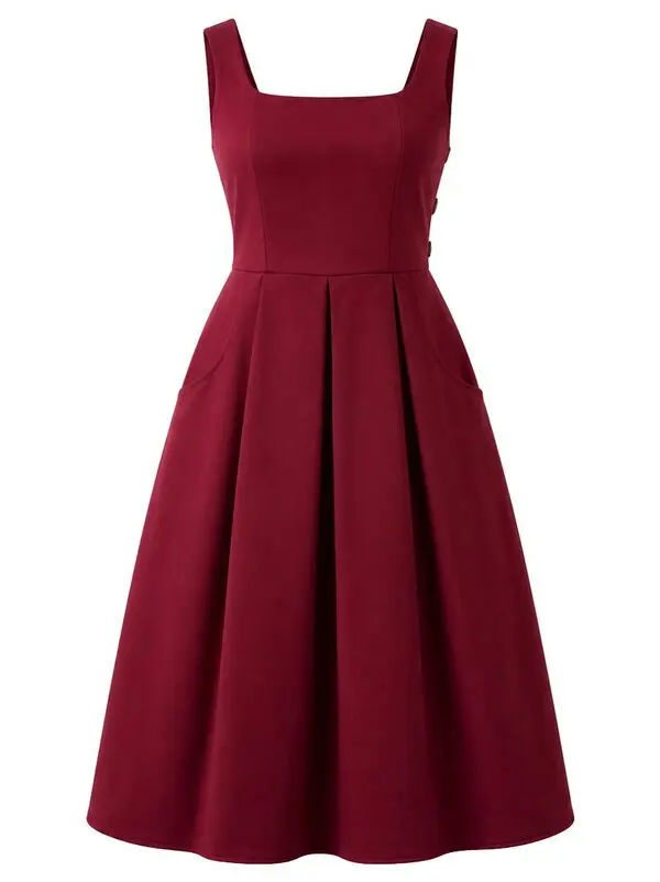 GIRL IN MIND Erica Square Neck Pleated Midi Dress Berry - Red