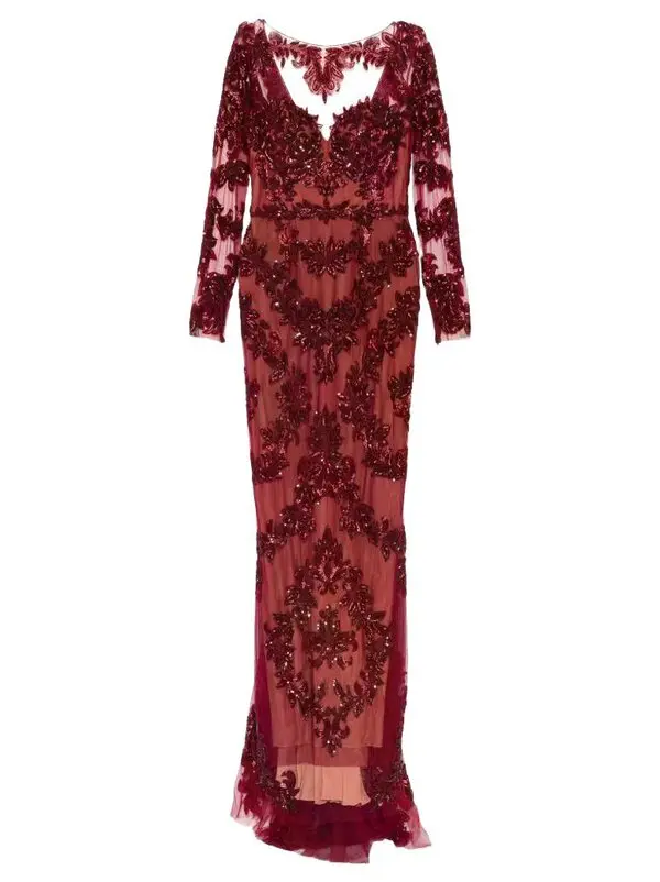 Zuhair Murad Beaded Lace Fishtail Gown - Red