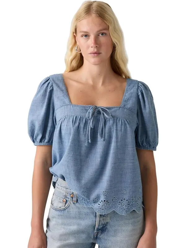 LEVI'S Darling Short Sleeve Cutwork Blouse - Blue