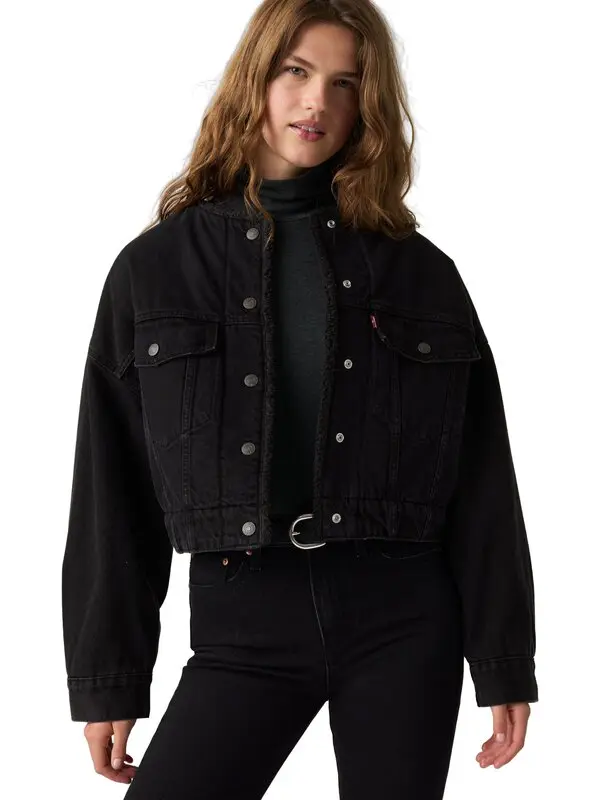 LEVI'S Collarless Cropped Sherpa Trucker Jacket - Black