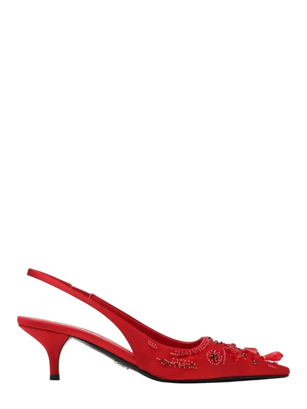 Prada Embroidered Satin Slingback Pumps - Red