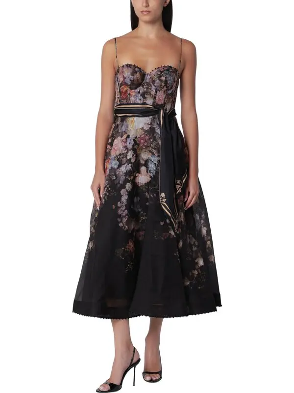 Zimmermann Valiant Floral Silk Linen Corset Midi Dress - Black