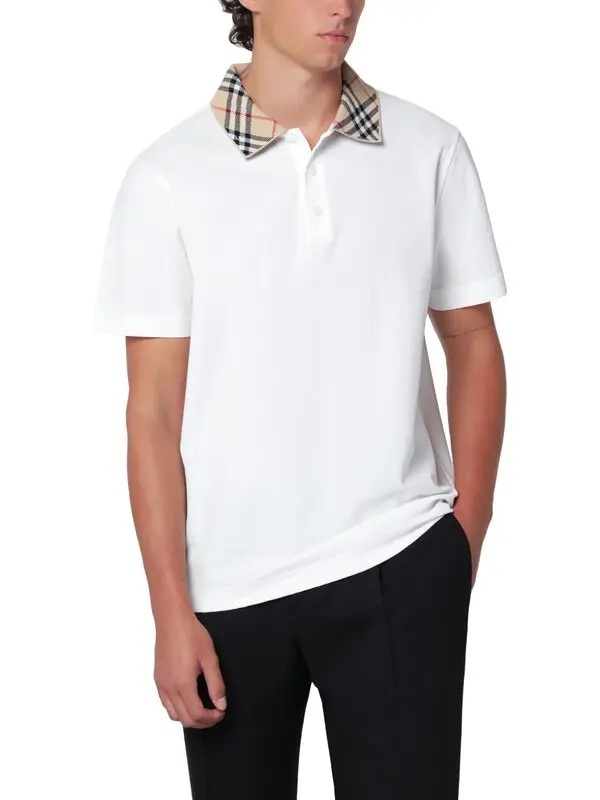 Burberry Chalk Cotton Piqué Polo Shirt With Check Collar - White
