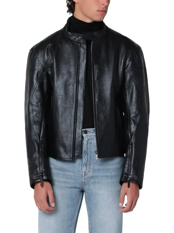 Gucci Leather Biker Jacket With Web Detail - Black