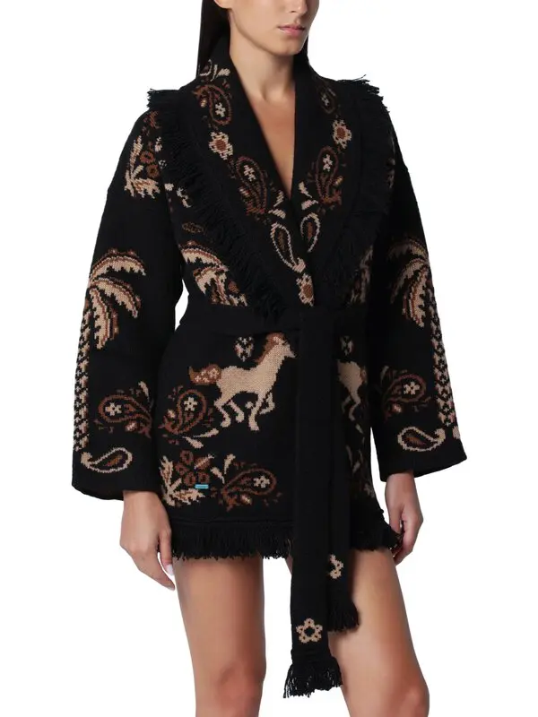 Alanui Cardigan Island Roots Foulard Black And Beige In Wool - Multicolor