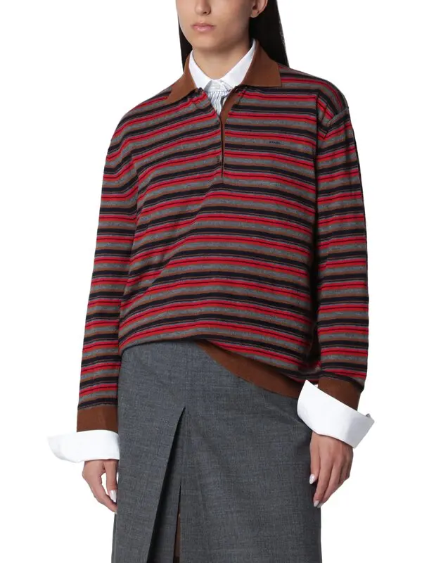 Prada Striped Tobacco And Slate Cashmere Polo Shirt - Brown