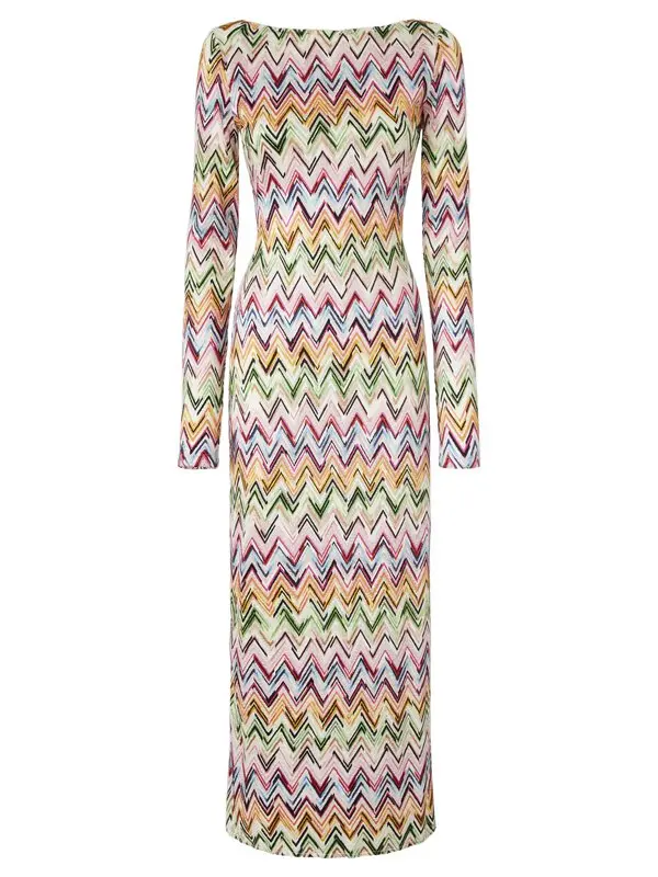 Missoni Long-sleeved Dress In Stretch Viscose With Lace And Zigzag Motif - Multicoloured