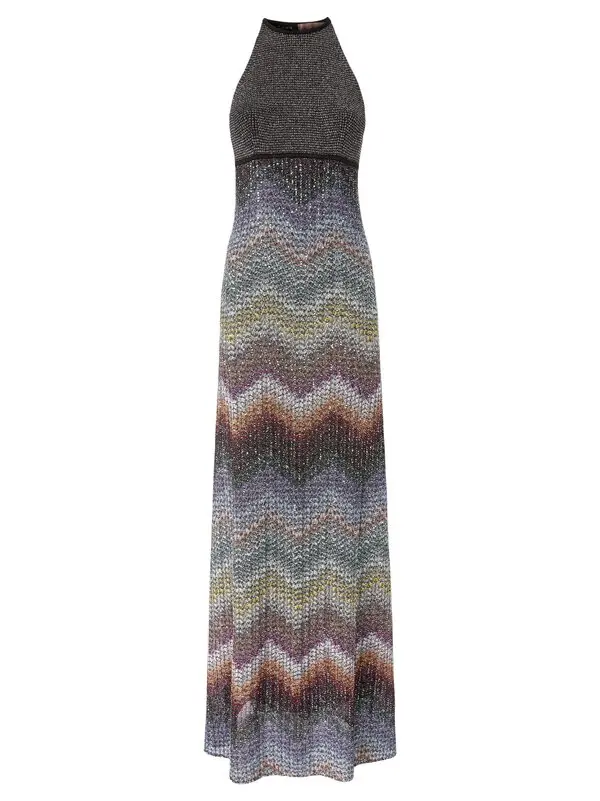 Missoni Long Halter-neck Dress In A Greek-style Zigzag Knit With Sequins - Multicoloured
