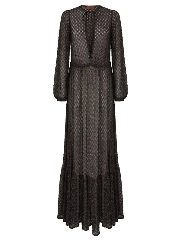 Missoni Long Cover-up Dress In Lamé Viscose With Spiderweb Motif And Flounces - Brown