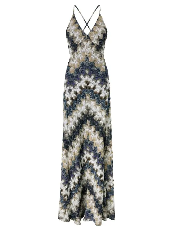 Missoni Long Dress With V-neck In Lamé Viscose With Lace Motif - Multicoloured