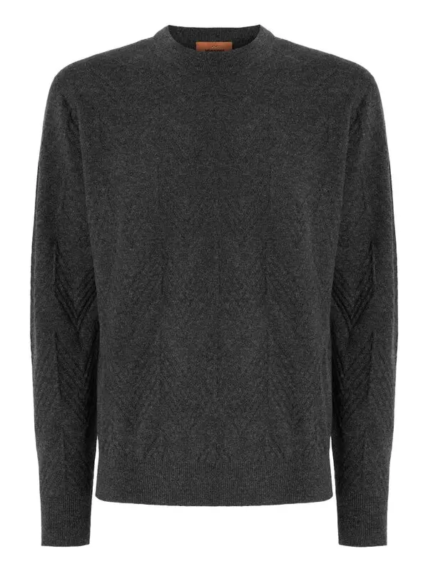 Missoni Crew Neck Sweater In Pure Cashmere With Chevron Pattern - Grey