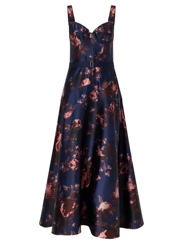 Erdem Belted Floral-print Duchess-satin Bustier Midi Dress - Blue