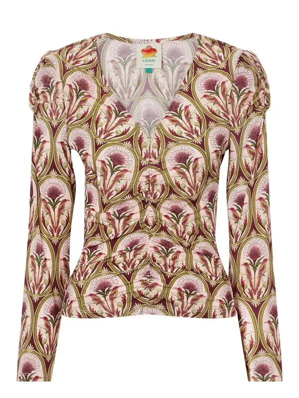 Farm Rio Garden Medal Printed Gathered Jersey Blouse - Neutrals