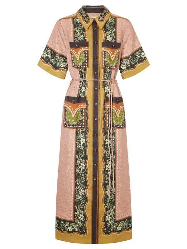 ALEMAIS Darcey Belted Printed Hemp Midi Dress - Multi