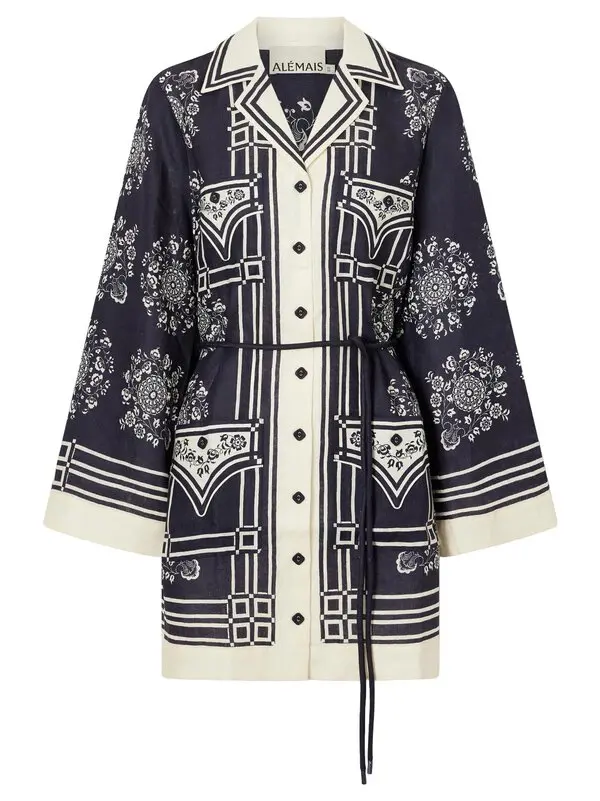 ALEMAIS Banderra Belted Printed Linen Mini Dress - Black